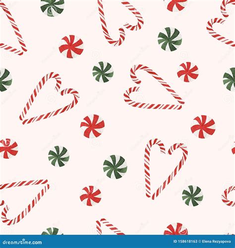 Watercolor Candy Cane Peppermint Candy Seamless Pattern On Background
