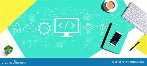 web development concept with computer keyboard and office items stock