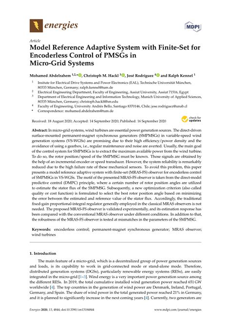 Pdf Model Reference Adaptive System With Finite Set For Encoderless Control Of Pmsgs In Micro