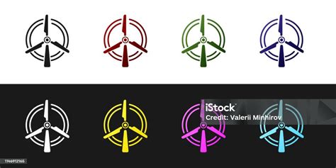 설정 회전 바람 터빈 아이콘 흑백 배경에 고립 풍력 발전기 표지판 풍차 실루엣입니다 전력 생산을 위한 풍차 벡터 일러스트 개념에