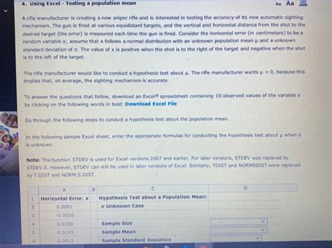 solved 4 using excel testing a population mean aa aa a