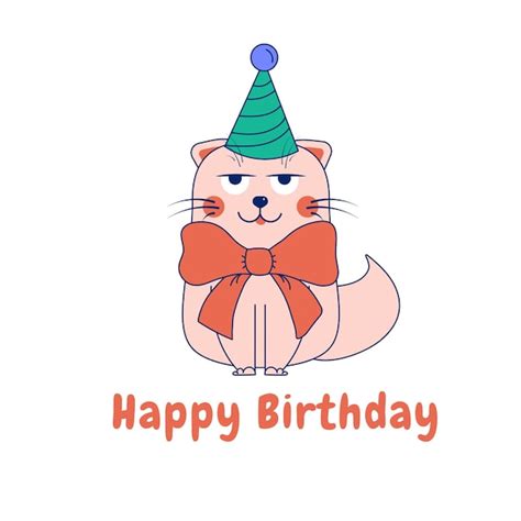 모자와 활에 귀여운 만화 낙서 고양이 생일 축하 해요 프리미엄 벡터