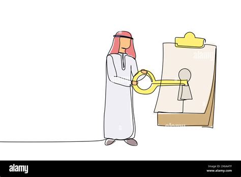 Single Continuous Line Drawing Arabian Businessman Put Big Key Into