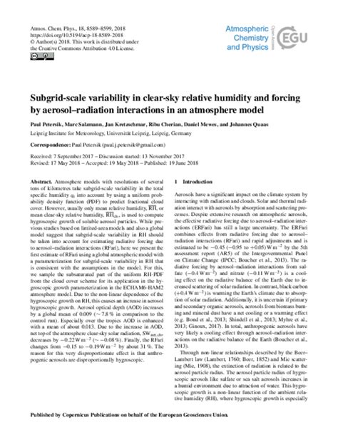 Pdf Subgrid Scale Variability In Clear Sky Relative Humidity And Forcing By Aerosolradiation