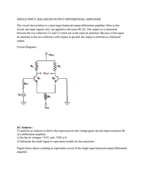 Single Input Balanced Output Differential Amplifier Ac Analysis Pdf Amplifier Electrical
