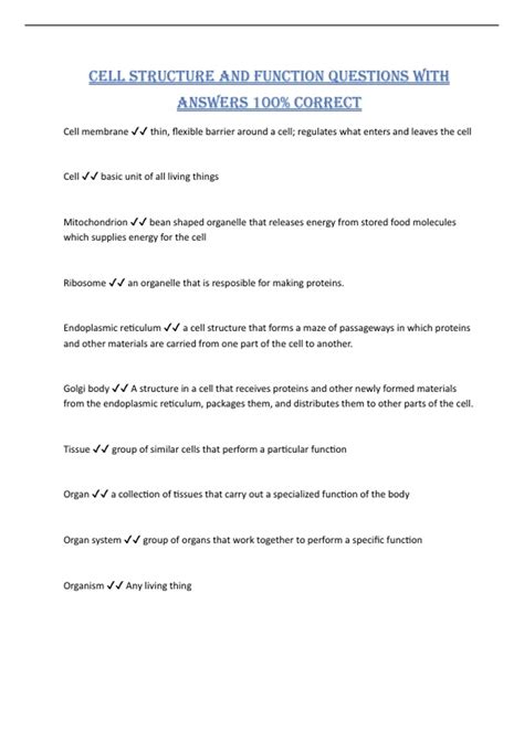Cell Structure And Function Questions With Answers 100 Correct Cell Structure And Function