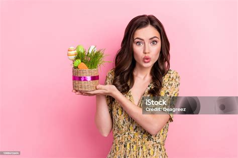 사진 인상적인 예쁜 아가씨가 분홍색 색 배경에 고립 된 작은 계란 바구니 통통 한 입술을 들고 갈색 머리에 대한 스톡 사진 및 기타 이미지 Istock