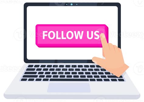 Hand Pointer Clicking On A Follow Us Button On A Laptop Screen Illustration PNG