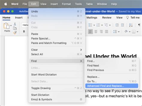 how do i access advanced “find and replace” in microsoft word for mac