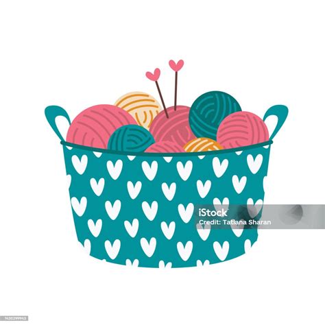 뜨개질 바구니에 양모 원사와 바늘의 다채로운 골격 벡터 플랫 일러스트레이션 절연 만화 클립 아트 크로셰 뜨개질에 대한 스톡 벡터 아트 및 기타 이미지 Istock