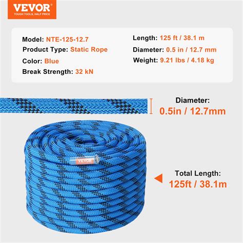 Vevor Rock Climbing Static Rope 32kn Load 125ft Long