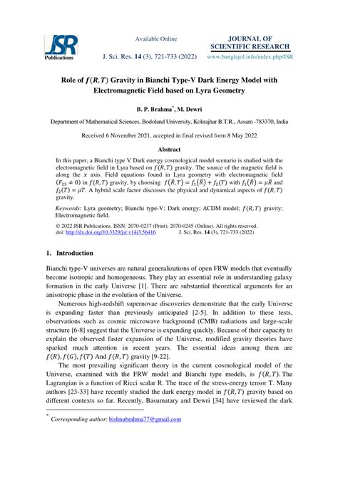 Pdf Role Of Frt Gravity In Bianchi Type V Dark Energy Model With Electromagnetic Field