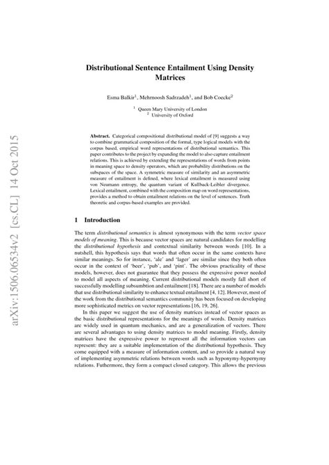 Distributional Sentence Entailment Using Density Matrices Deepai
