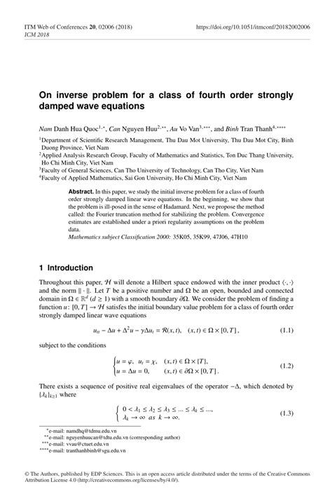 Pdf On Inverse Problem For A Class Of Fourth Order Strongly Damped Wave Equations