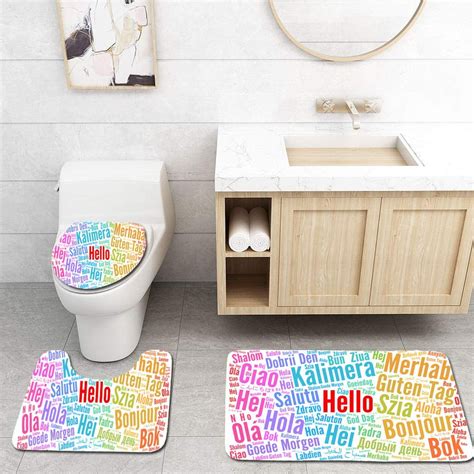 PUDMAD Hello in Different Languages Word Cloud 3 Piece Bathroom Rugs Set Bath Rug Contour Mat ...