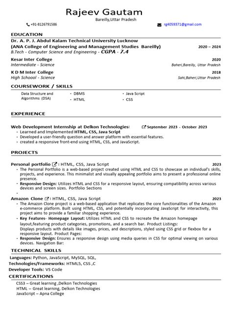 Rajeev Resume Pdf Responsive Web Design Java Script