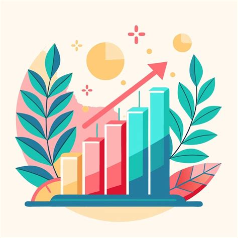 colorful bar chart with red arrow pointing upwards and foliage in the