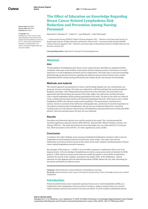 Pdf The Effect Of Education On Knowledge Regarding Breast Cancer Related Lymphedema Risk