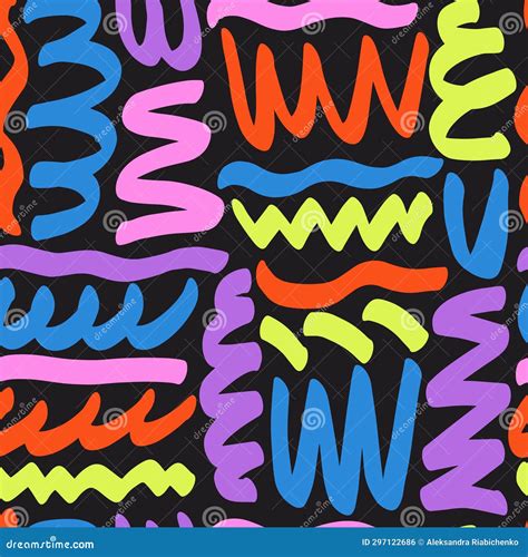 Naive Bright Playful Squiggle Seamless Pattern On Black Abstract