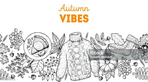 아늑한 가을 프레임입니다 손으로 그린 벡터 그림입니다 디자인 요소 나뭇가지 케이크 조각 양말 스웨터 나뭇잎 도토리 딸기 호박 세트 수평 이음새가 없습니다 손으로 그린