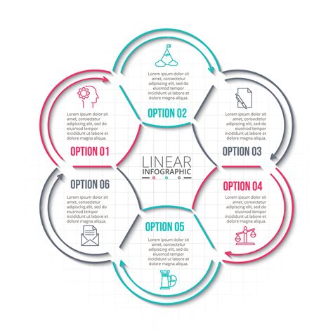 6가지 옵션 또는 단계가 있는 다이어그램용 Infographic 비즈니스 템플릿의 선형 주기 요소 프리미엄 벡터