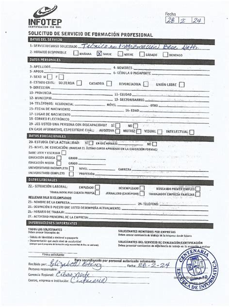 ficha formulario de infotep técnico en programación de base de datos