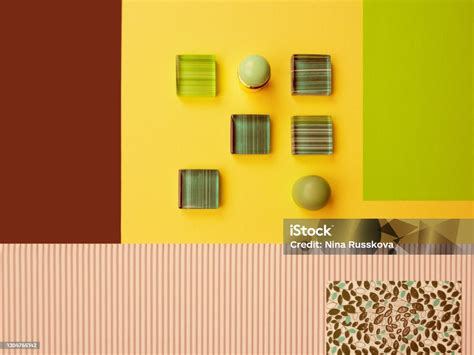 추상클로즈 업 탑 뷰 라운드 우드 모의 베이지 색 골판지 복숭아 종이 배경 갈색 반투명 접힌 물결 모양의 직물 2 청록색 녹색 공 질감 플랫 레이 초콜릿 스파 카피 공간 0