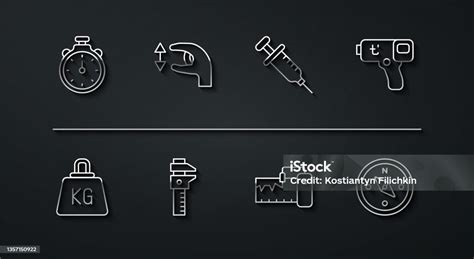 세트 라인 스톱워치 무게 디지털 온도계 측정 기기 캘리퍼 또는 캘리퍼 및 스케일 대략적인 측정 나침반 및 주사기 아이콘 벡터 검은색에 대한 스톡 벡터 아트 및 기타 이미지
