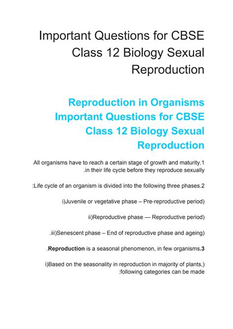 SOLUTION Important Questions For Cbse Class Biology Sexual Reproduction Studypool