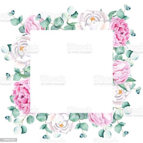 수채화 사각형 프레임 분홍색과 흰색 모란 유칼립투스 가지 손으로 그린 식물 그림은 흰색 배경에 분리되어 있다 문구류 초대장 날짜 저장 결혼식 인사말 카드 베이비 샤워에