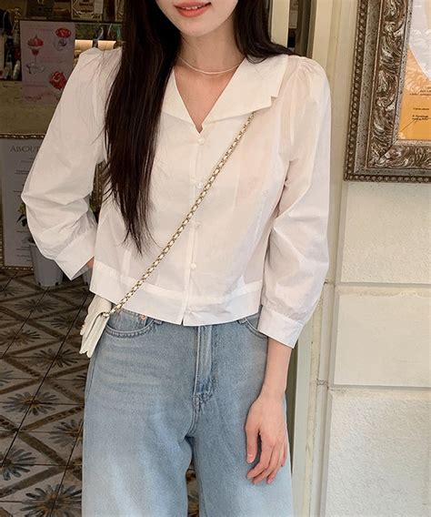 쇼퍼랜드 퓨어 퍼프 코튼 카라 블라우스 2color 반팔 7부 봄 여름 하객룩 벚꽃룩