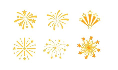 Set Of Stylized Firework Icons Exploding With Bright Yellow Sparks And Stars On White Background