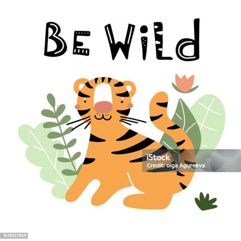 재미있는 호랑이와 비문 야생이 되십시오 보육원 엽서 직물의 디자인을위한 흰색 배경에 벡터 일러스트레이션 카드 여가활동 게임에 대한 스톡 벡터 아트 및 기타 이미지 Istock