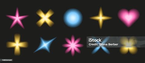 여러 Y2k 빛나는 추상 모양 빛나고 반짝이는 형태 별 하트 및 꽃 벡터 디자인 요소의 그룹 밀레니엄버그에 대한 스톡 벡터 아트