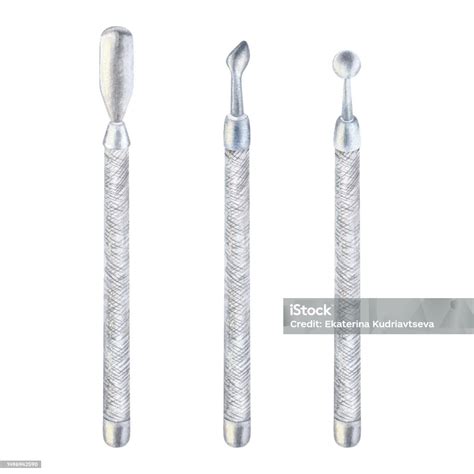 수채화 그림입니다 매니큐어 도구 세트 손으로 그리고 흰색 배경 개체에 격리되어 있습니다 큐티클 케어를 위한 스틱 매니큐어 마스터 뷰티 살롱 화장품 매장 0명에 대한 스톡