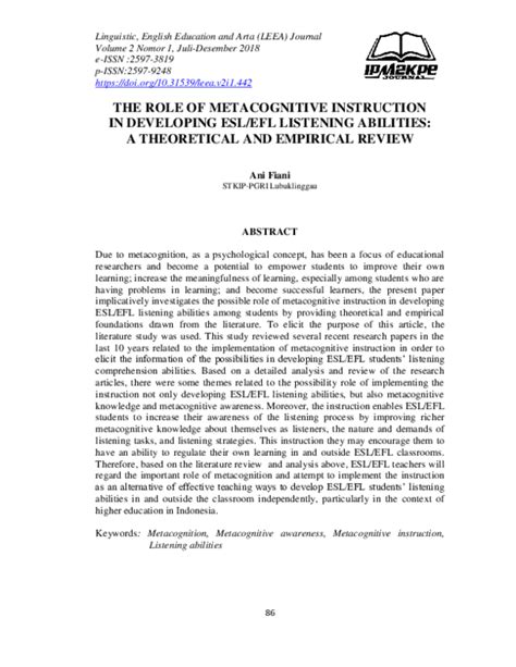 Pdf The Role Of Metacognitive Instruction In Developing Eslefl Listening Abilities A
