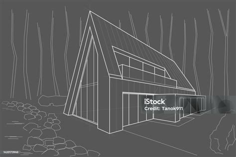 선형 건축 스케치 레지던트 건물 회색 배경에 대한 호수 원근감 근처의 스칸디나비아 스타일의 숲 별장 3차원 형태에 대한 스톡 벡터 아트 및 기타 이미지 Istock
