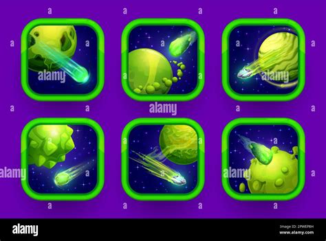 Cartoon Space Game App Icons Green Planets And Comets Vector Ui Or Gui Game Interface Assets