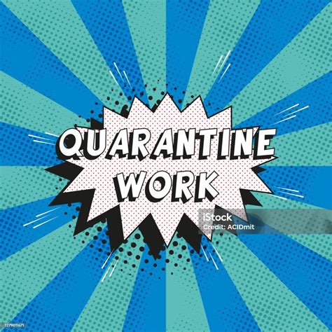 반톤이 있는 복고풍 만화 스피치 버블의 검역 작업이라는 문구가 시선선이 있는 배경에 그림자를 드리우고 있습니다 빈티지 팝 아트 벡터 일러스트는 편집하고 사용자 정의하기