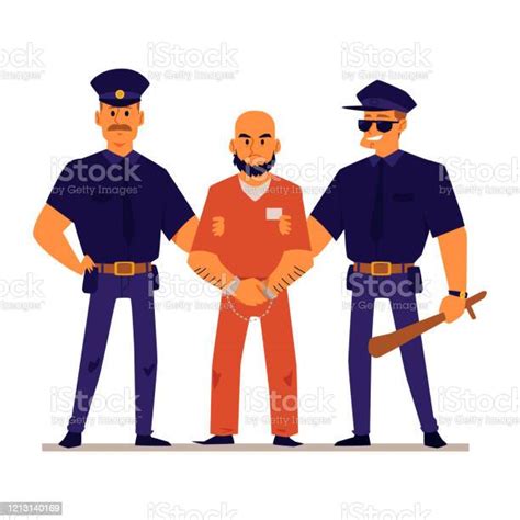 주황색 교도소 유니폼을 입고 수갑을 차고 있는 만화 경찰관 체포에 대한 스톡 벡터 아트 및 기타 이미지 체포 경찰관 남성 Istock