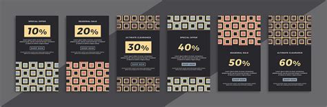 소셜 미디어 모바일 앱 스토리에 대한 현대 판매 및 할인 프로모션 배경 세트 기하학적 패턴의 어두운 수직 홍보 웹 배너 간단한 벡터 편집 가능한 배경 Eps 10 가격에