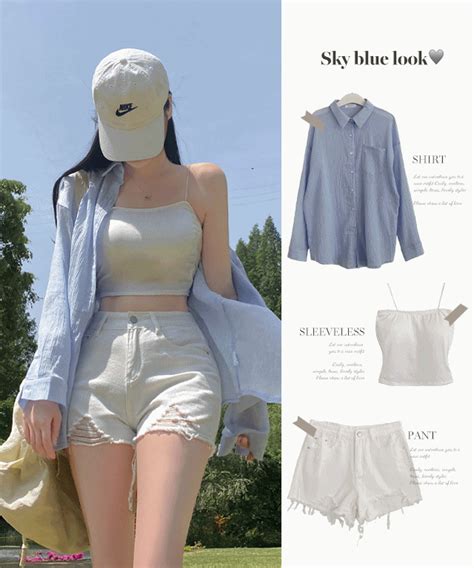[3ps 세트] 여름 롱슬리브 하늘색 오버핏 시스루 셔츠 튜브탑 크롭 나시 데미지 면 화이트 반바지 에이블리