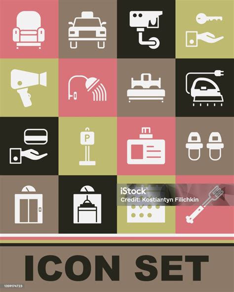 세트 포크 호텔 슬리퍼 전기 철 보안 카메라 샤워 헤드 헤어 드라이어 안락 의자 및 침실 아이콘 벡터 가구에 대한 스톡 벡터 아트 및 기타 이미지 Istock