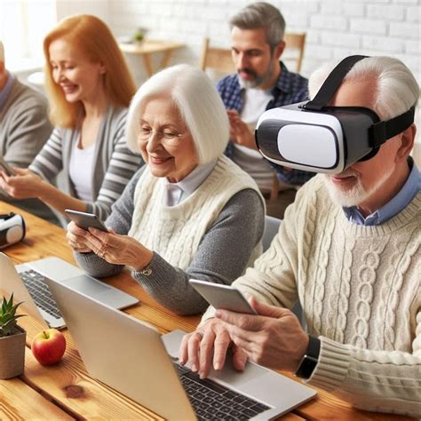 Seniors In Technology Classes With Laptops Phones Tablets Vr Headsets