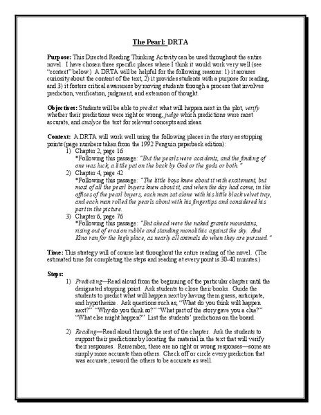 The Pearl Directed Reading Thinking Activity Lesson Plan For 9th
