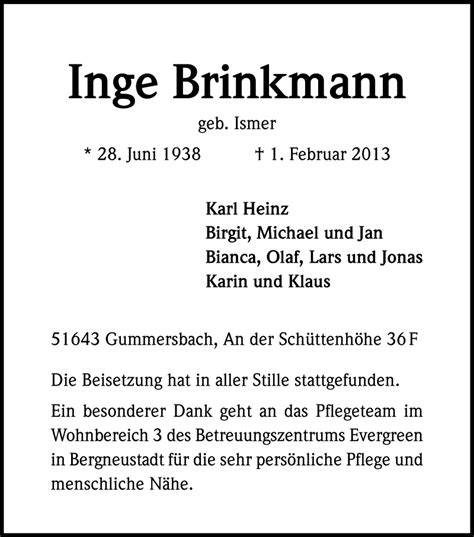 Traueranzeigen Von Inge Brinkmann Wirtrauern