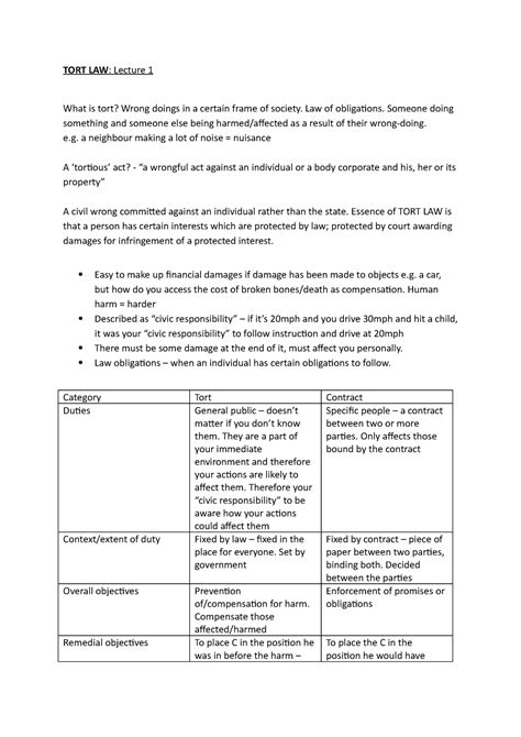TORT LAW Lecture 1 TORT LAW Lecture 1 What Is Tort Wrong Doings In A Certain Frame Of