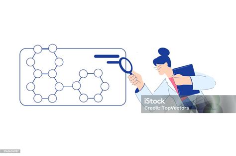 화학 와 여자 과학자 캐릭터 탐험 분자 공식 와 돋보기 벡터 일러스트레이션 개념에 대한 스톡 벡터 아트 및 기타 이미지 Istock