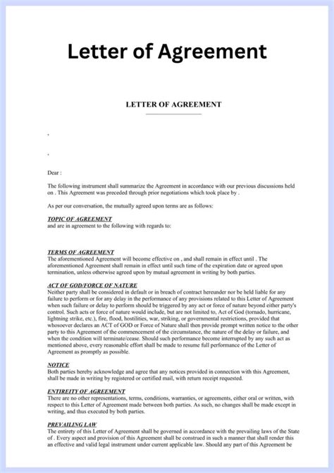 Sample Printable Letter Of Agreement Forms Template 2024