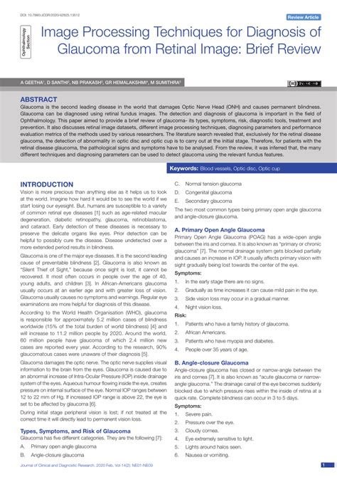 Pdf Image Processing Techniques For Diagnosis Of Glaucoma From
